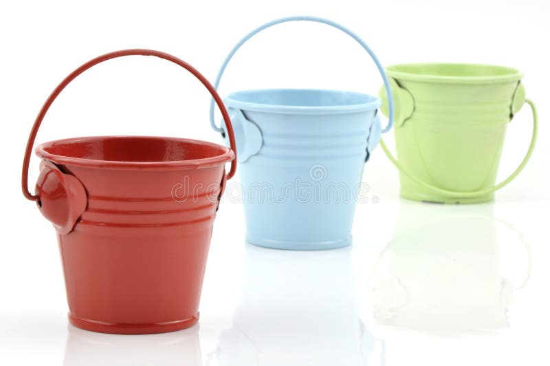 Three Metal Buckets of Different Colours with Handle Stock Photo ...