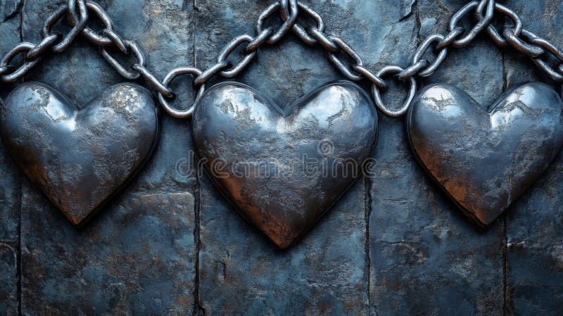 Three Metal Hearts Hanging on a Chain Against a Rough Stone Wall Stock ...