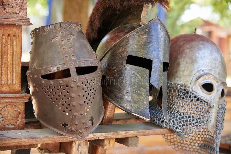 Metal Knight Helmets for Protection in Battle Stock Photo - Image of ...