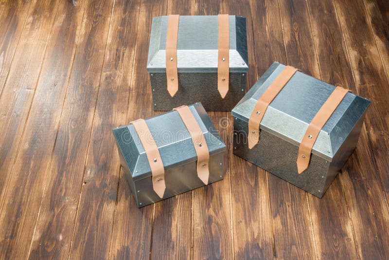 Three Metal Tool Box on Wooden Table Stock Photo - Image of shape ...