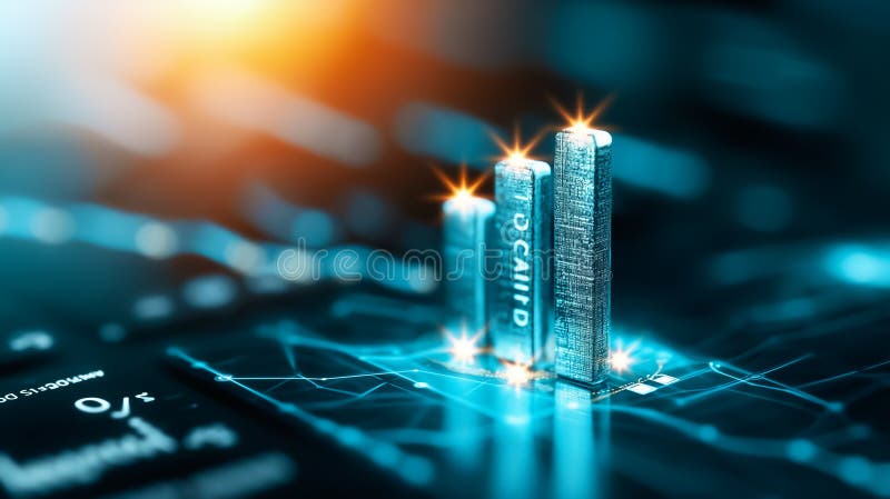 Three Metallic Bars Rise Above a Glowing Digital Grid, Representing ...