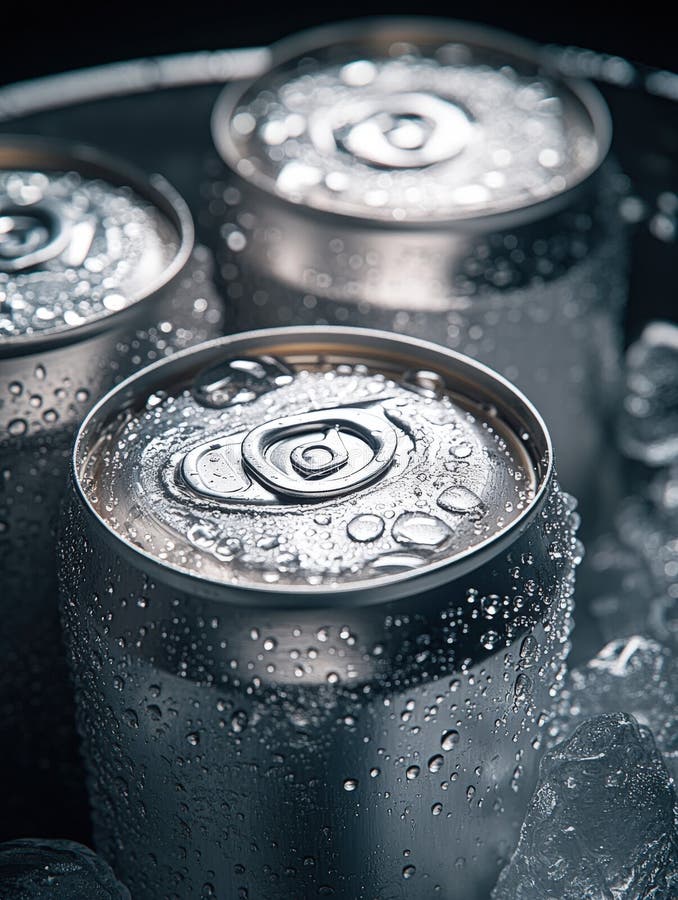 Chilled Beverage Cans Resting on Ice with Condensation in a Cool ...