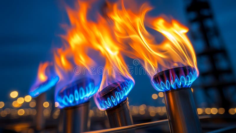 Three Metallic Burners Ignite with Vibrant Orange and Blue Flames ...