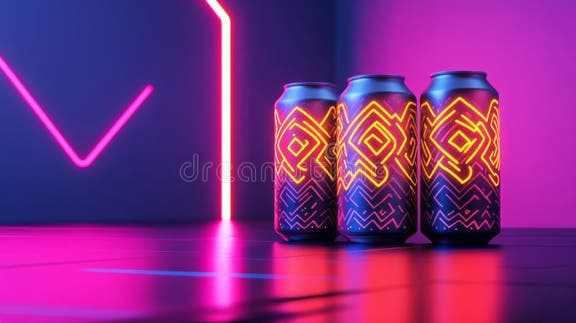 Three Metallic Cans with Neon Geometric Design Stock Illustration ...