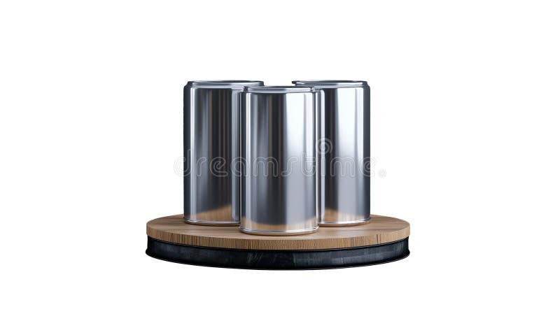 Three Metallic Cans on a Wooden Platform with Transparent Background ...