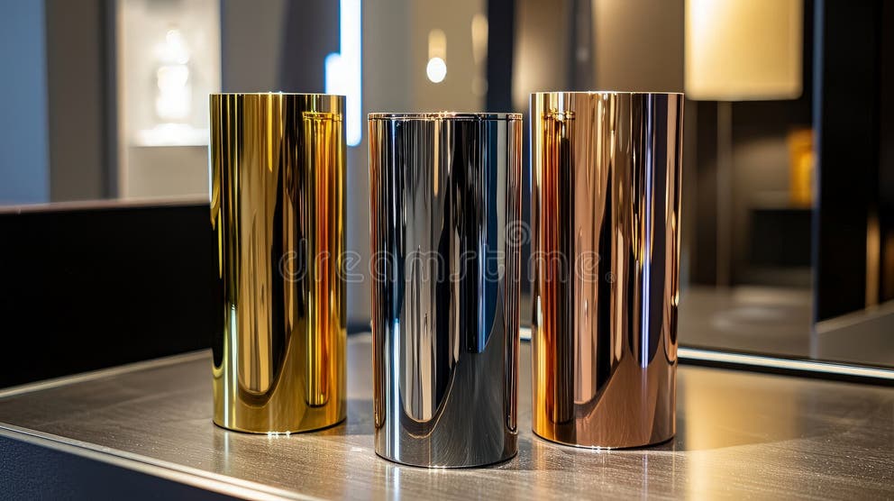 Three Metallic Cylinders in Gold, Silver, and Copper Hues on a Grey ...