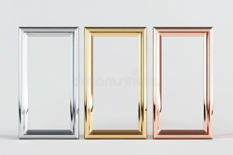 Three Metallic Frames in Silver, Gold, and Copper Arranged Over a White ...