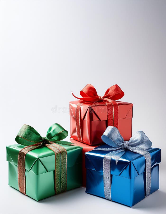 Three Metallic Gift Boxes Wrapped with Colorful Ribbons Stock ...