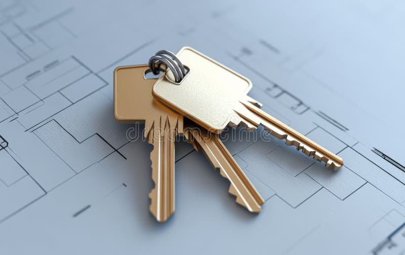 A Set of Three Keys Resting on a Blueprint of a Modern Architectural ...