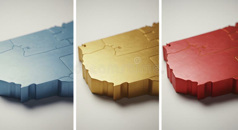 Three Metallic Map Models in Blue, Gold, and Red Stock Illustration ...