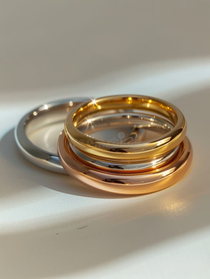 Three Metallic Rings in Gold, Silver, and Rose Gold on a White Surface ...