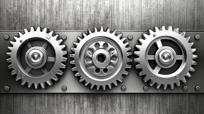 Three Metallic Silver Gears Seamlessly Interlocking on a Sleek Metal ...