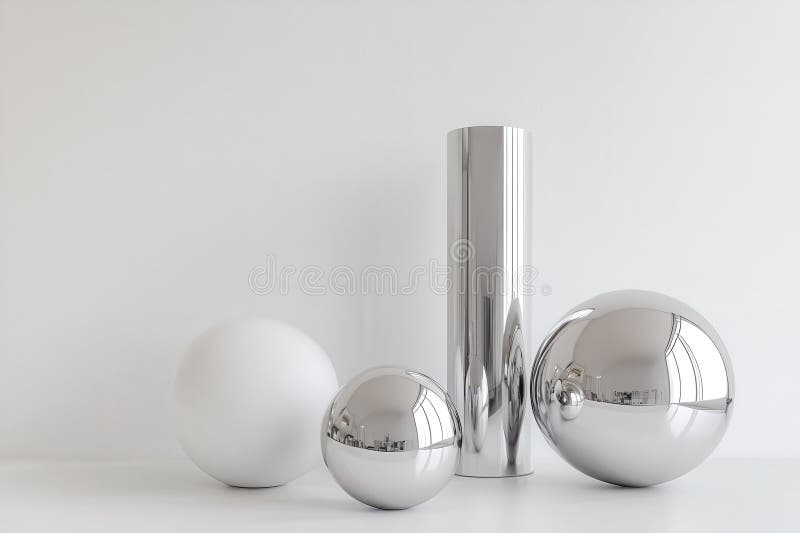 Three Metallic Spheres and a Cylinder on a White Surface Stock ...