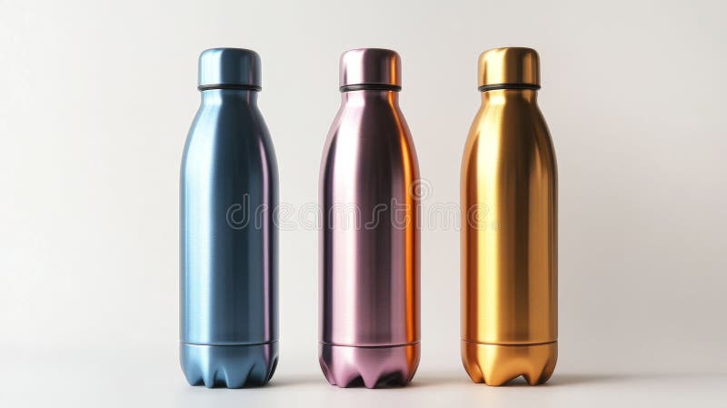 Three Metallic Water Bottles on White Background, Modern Design and ...
