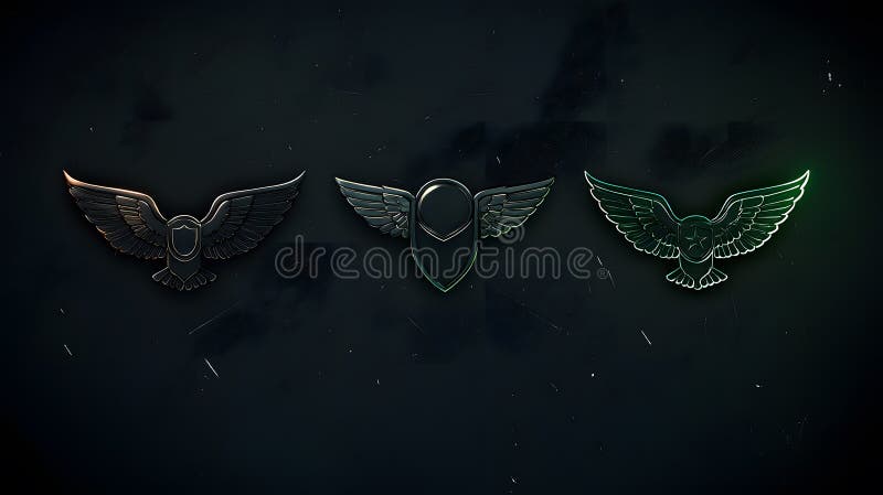 Three Metallic Winged Emblems on a Dark Background Stock Illustration ...