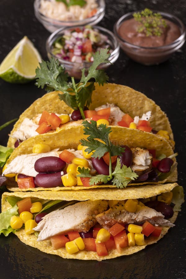 Three mexican tacos stock photo. Image of food, overhead - 175400060