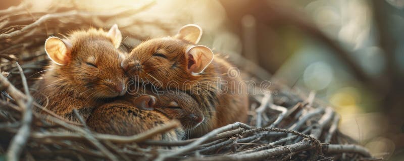 Three Mice Cuddle Together in Nest of Twigs Bathed in Warm Sunlight in ...