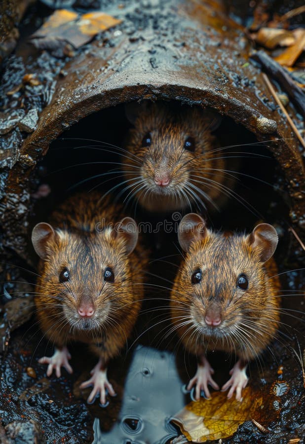 Three Mice are Standing in a Hole in the Ground Stock Photo - Image of ...