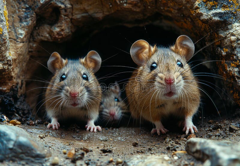 Three Mice are Standing in a Hole. they are Looking at the Camera Stock ...