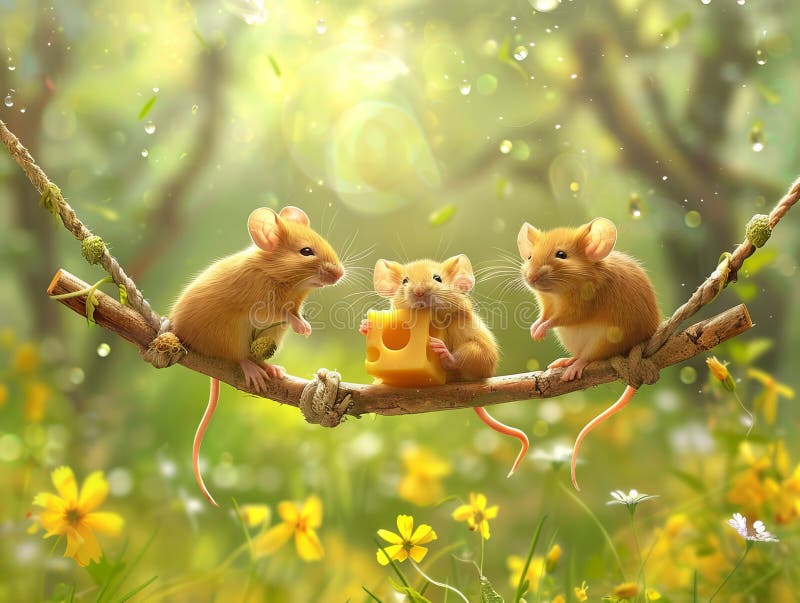 Three Mice are on a Swing Eating Cheese. Generative AI Stock Photo ...