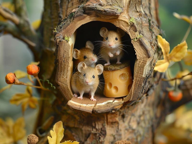 Three Mice in a Tree House with Cheese. Generative AI Stock Image ...