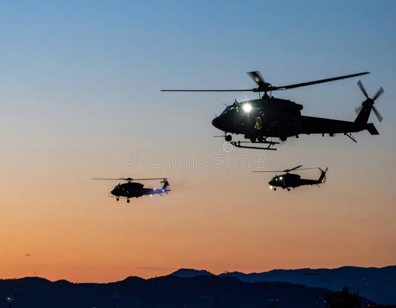 Three Military Helicopters Flying in Formation at Sunset Stock ...