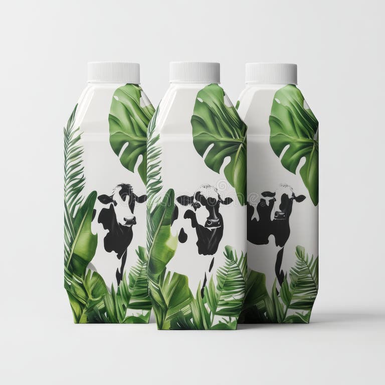 Three Milk Cartons Featuring Cow Designs are Set Against a Plain White ...
