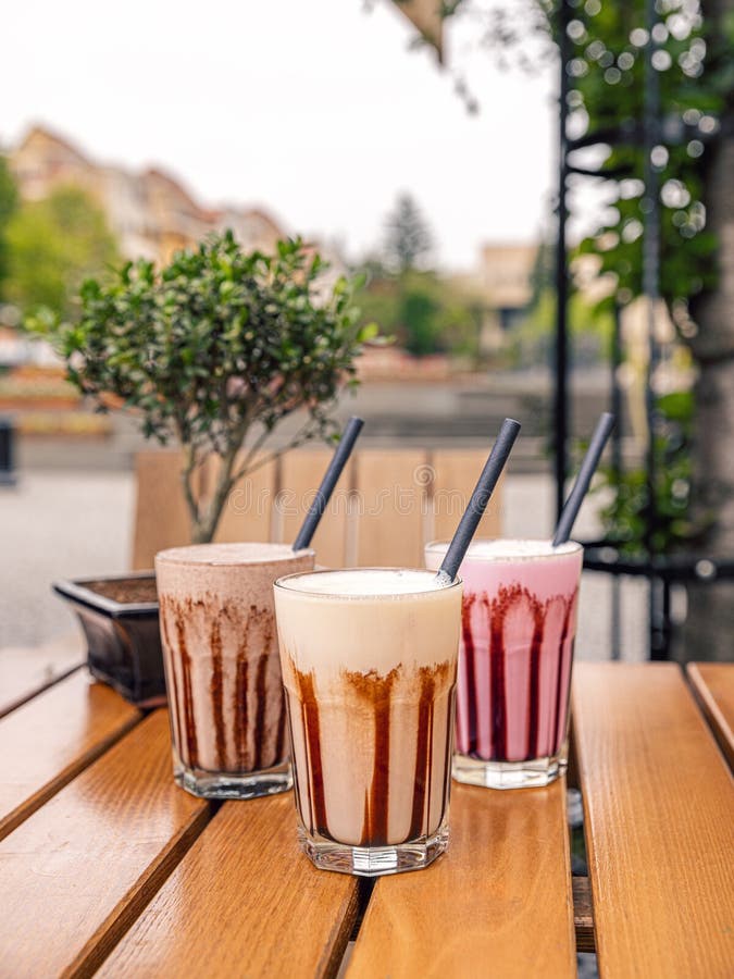 Three Milkshakes with Chocolate Sauce Stock Image - Image of dessert ...