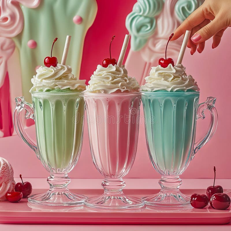 Three Milkshakes with Whipped Cream and Cherries on a Pink Tray Stock ...