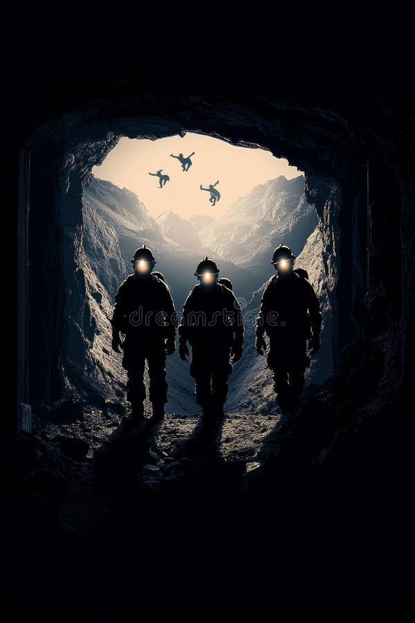 Three Miners with Headlamps Entering Underground Coal Mine, Teamwork in ...
