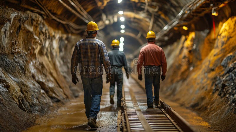 Three Miners Walking through a Dark Mine Tunnel Stock Illustration ...