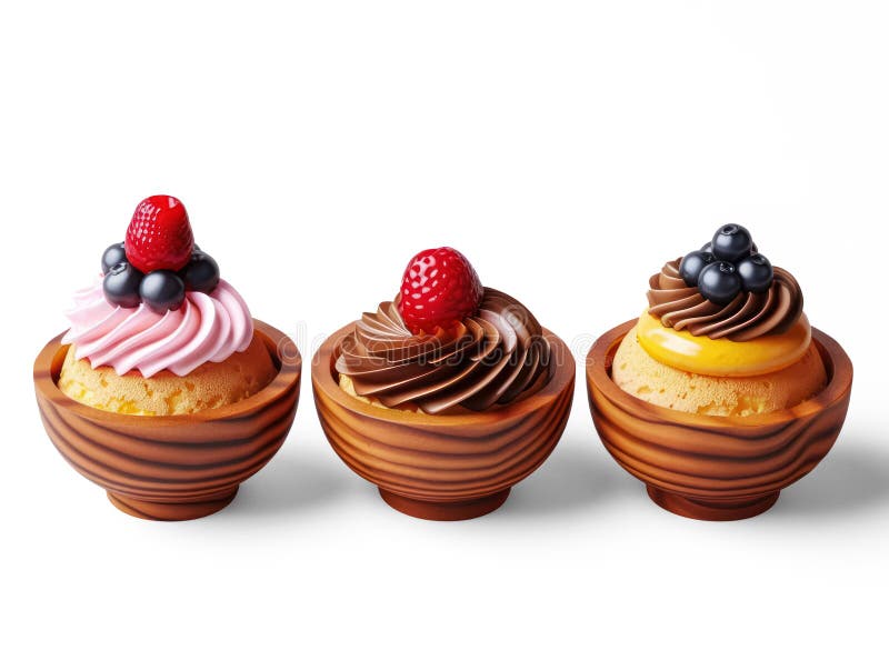 Three Mini Cakes in Snack Bowls. Isolated Cakes on Transparent ...