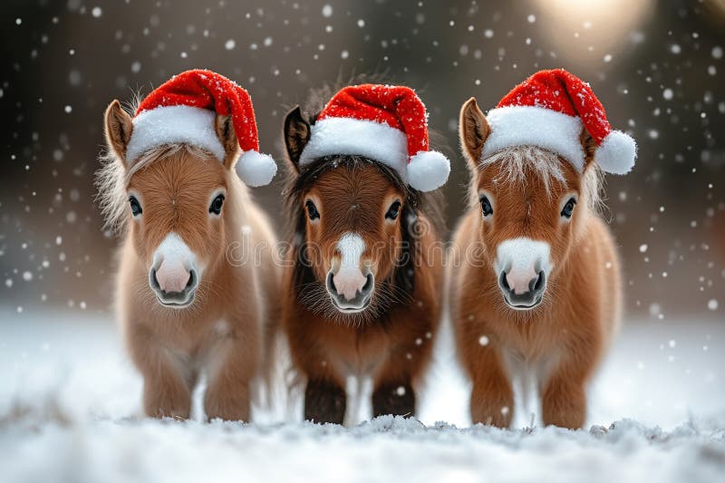 Three Mini Horses in Santa Hats Stock Illustration - Illustration of ...