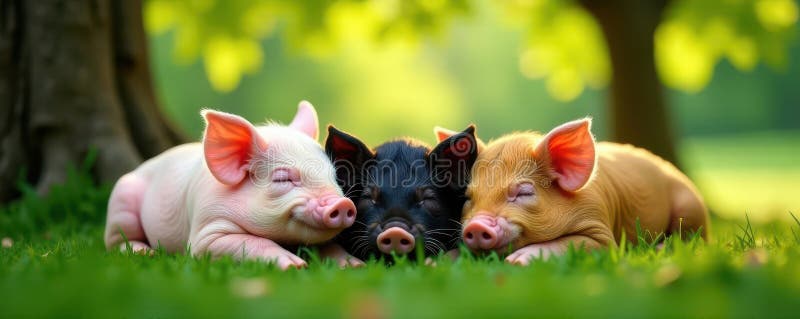 Three Mini Pigs, Pink, Black, and Brown, Snooze Peacefully Under a ...