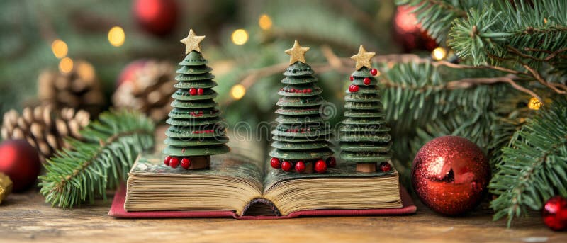 Three Miniature Christmas Trees on an Open Book Stock Illustration ...