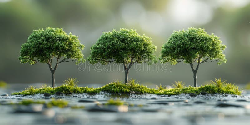 Three Miniature Trees on a Small Island of Greenery with Blurred ...