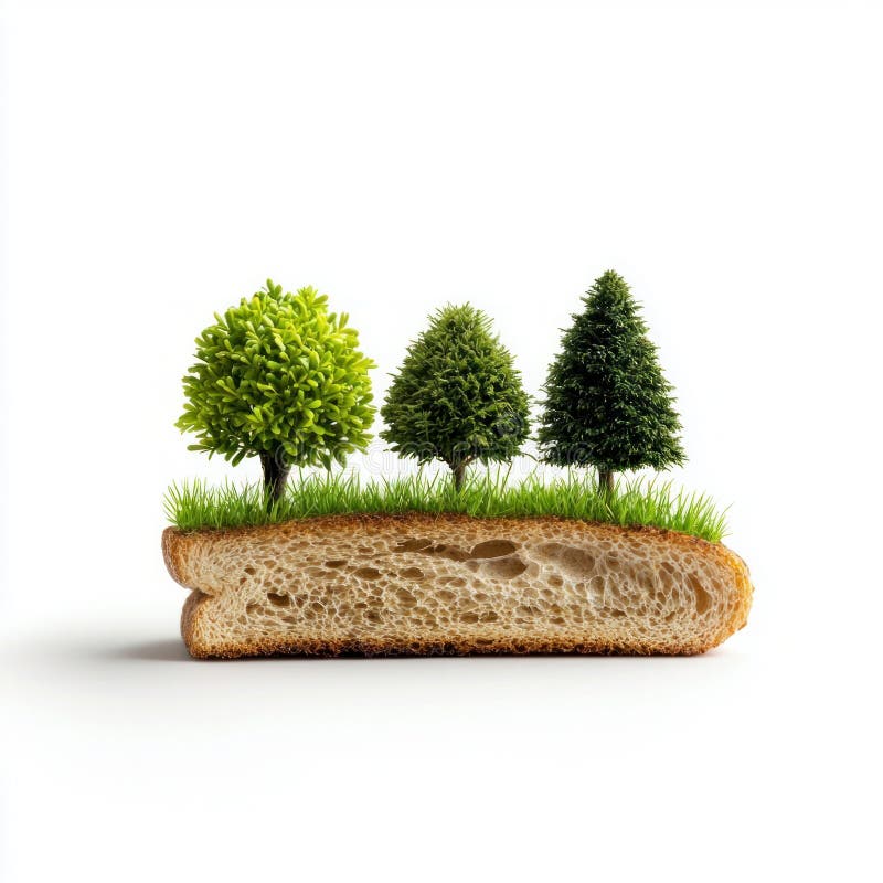 Three Miniature Trees Sprout from a Slice of Bread Covered in Grass on ...