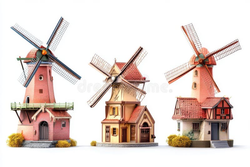 Three Miniature Windmills View Isolated on White Background Stock ...