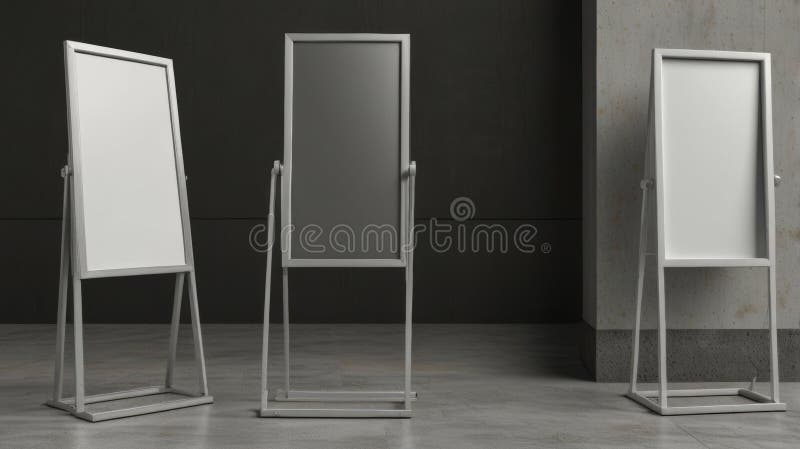 Three Minimalist Easels with Blank Surfaces Stand in a Modern Space ...