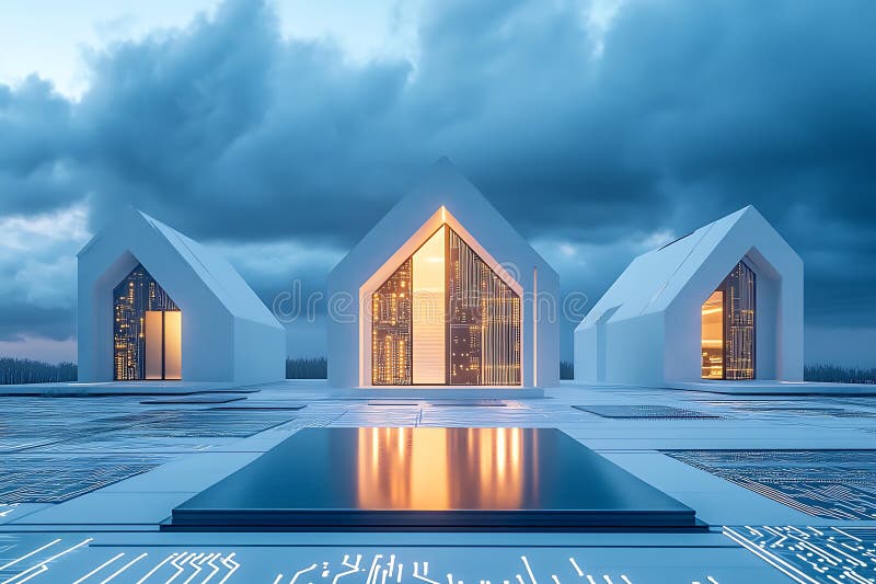 Minimalist White Modern Structures with Circuitry Base & Dark Cloudy ...