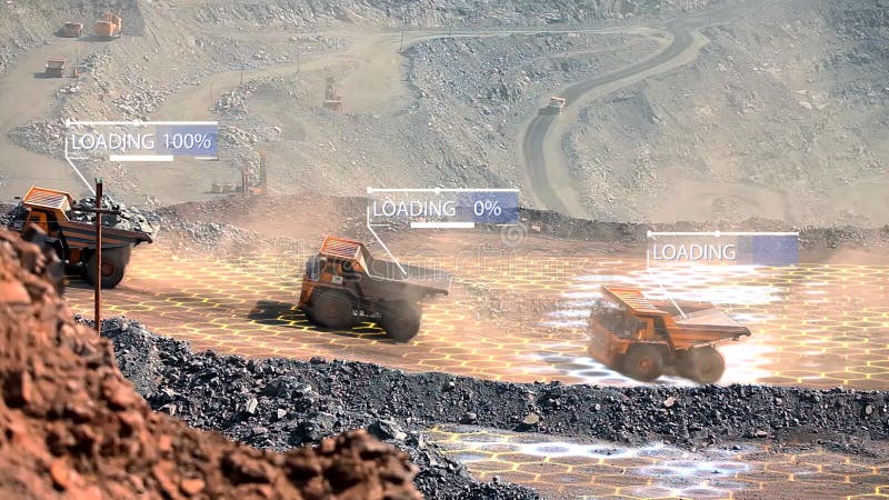 Three Mining Dump Trucks in an Iron Ore Open Pit with Infographics ...