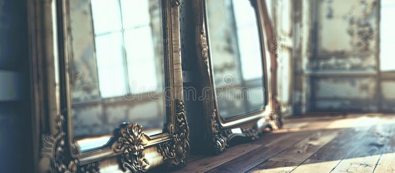 Three Mirrors on Wooden Floor in Room Stock Image - Image of modern ...