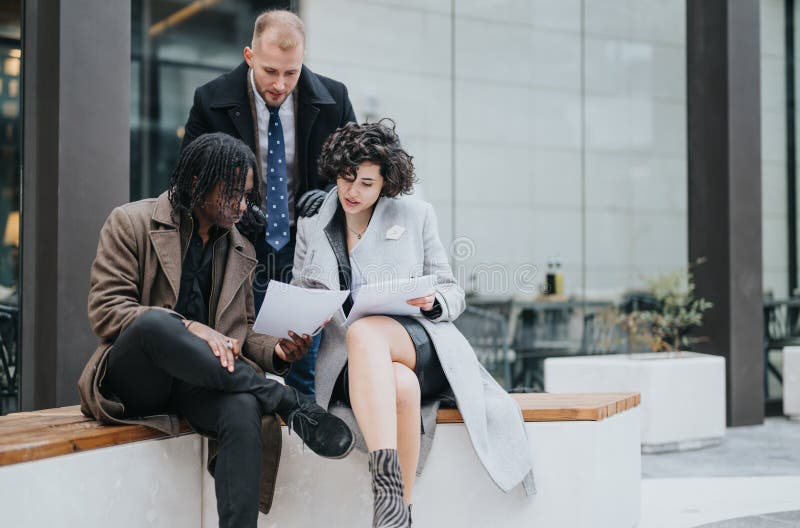 Mixed Race Team of Business Professionals Discussing Project Outdoors ...