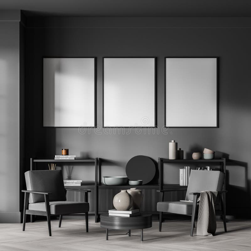 Three Banners in the Dark Grey Waiting Room with Shelf and Armchairs ...