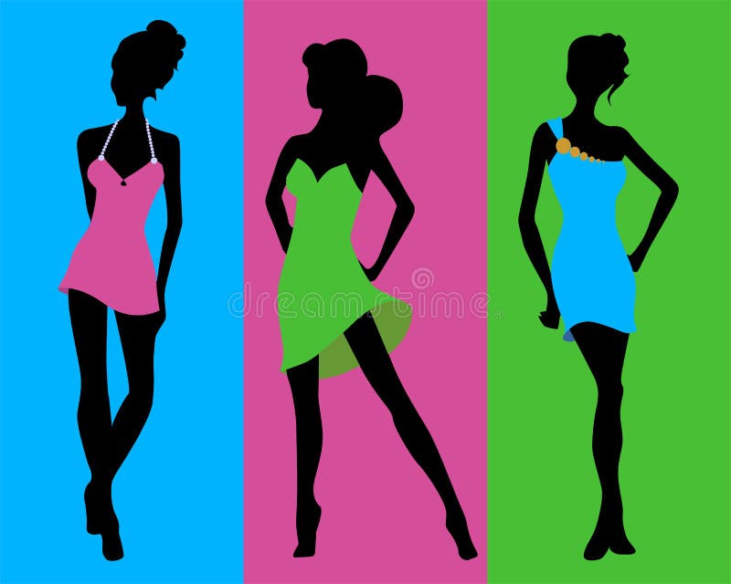 Three Models in Dresses. Sketch, Vector Illustration. Stock Vector ...