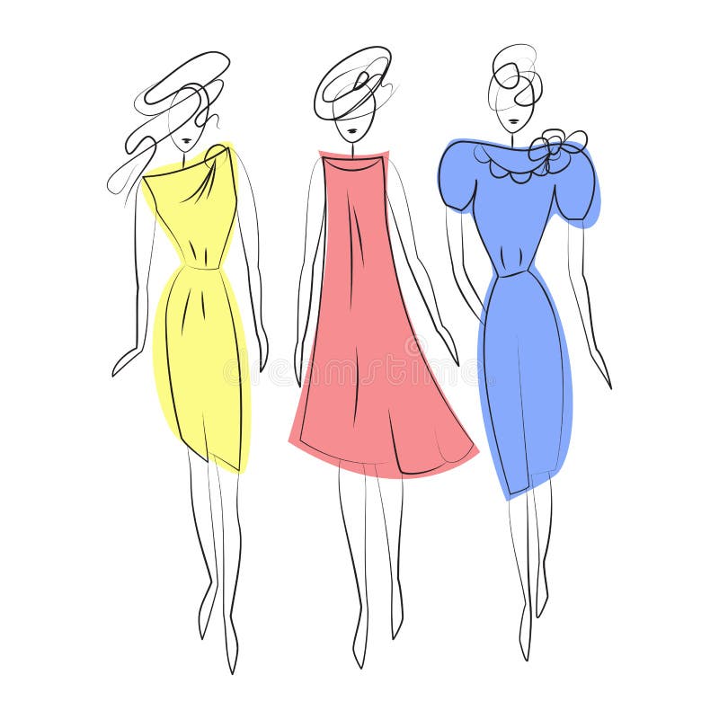 Three Models in Dresses. Sketch, Vector Illustration. Stock Vector ...