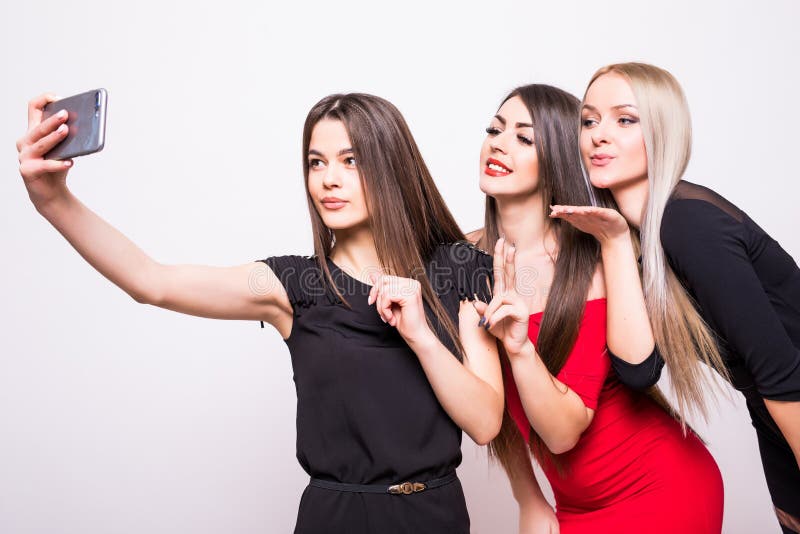 Three Models in Night Dresses Make Selfie on White Stock Image - Image ...