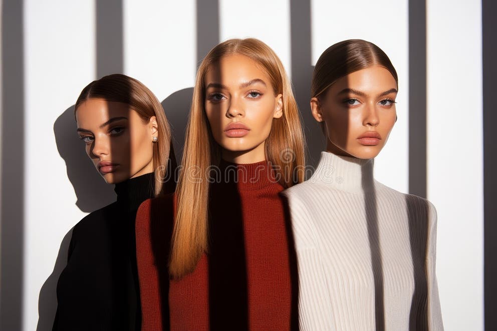 Three Models Posing Under Dramatic Shadows in a Minimalist Studio ...