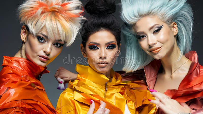 Three Models Display Bold Hairstyles and Fashion in Studio Setting ...