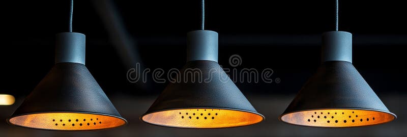 Three Modern Black Hanging Lamps with a Warm Glow in the Dark, Interior ...